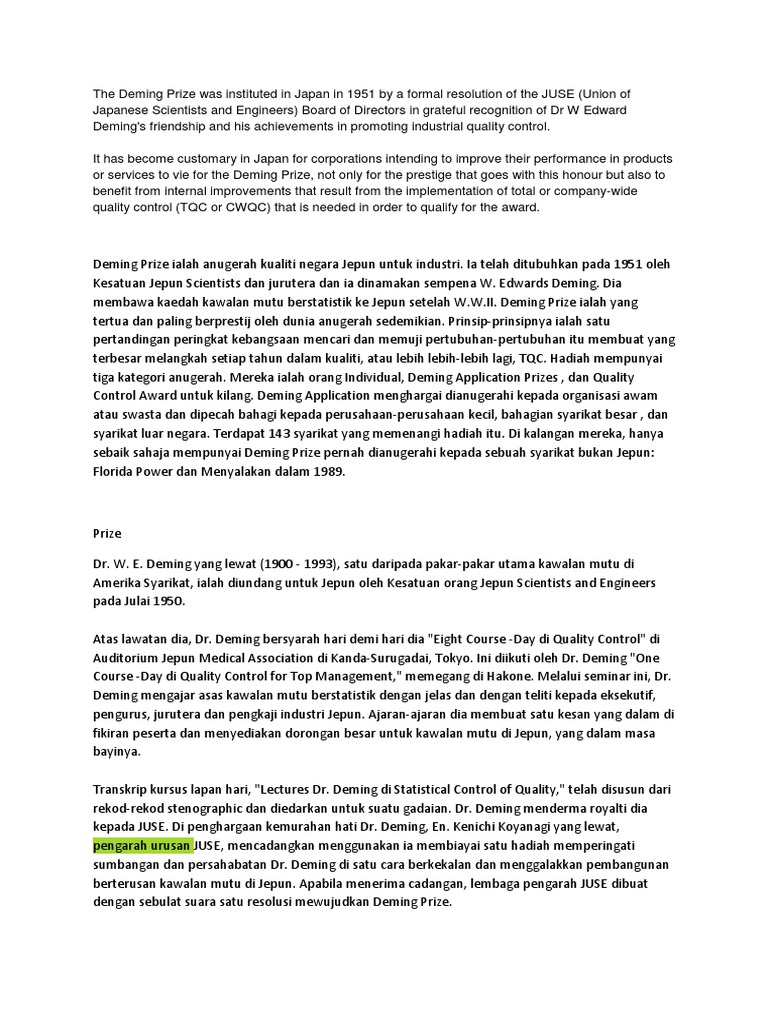 The Deming Prize Was Instituted in Japan in 1951 by A Formal Resolution ...