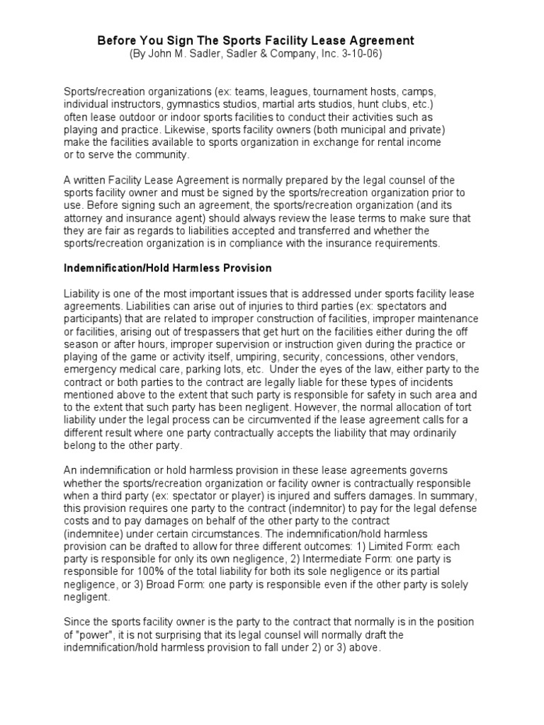 Before You Sign The Sports Facility Lease Agreement | PDF | Indemnity ...