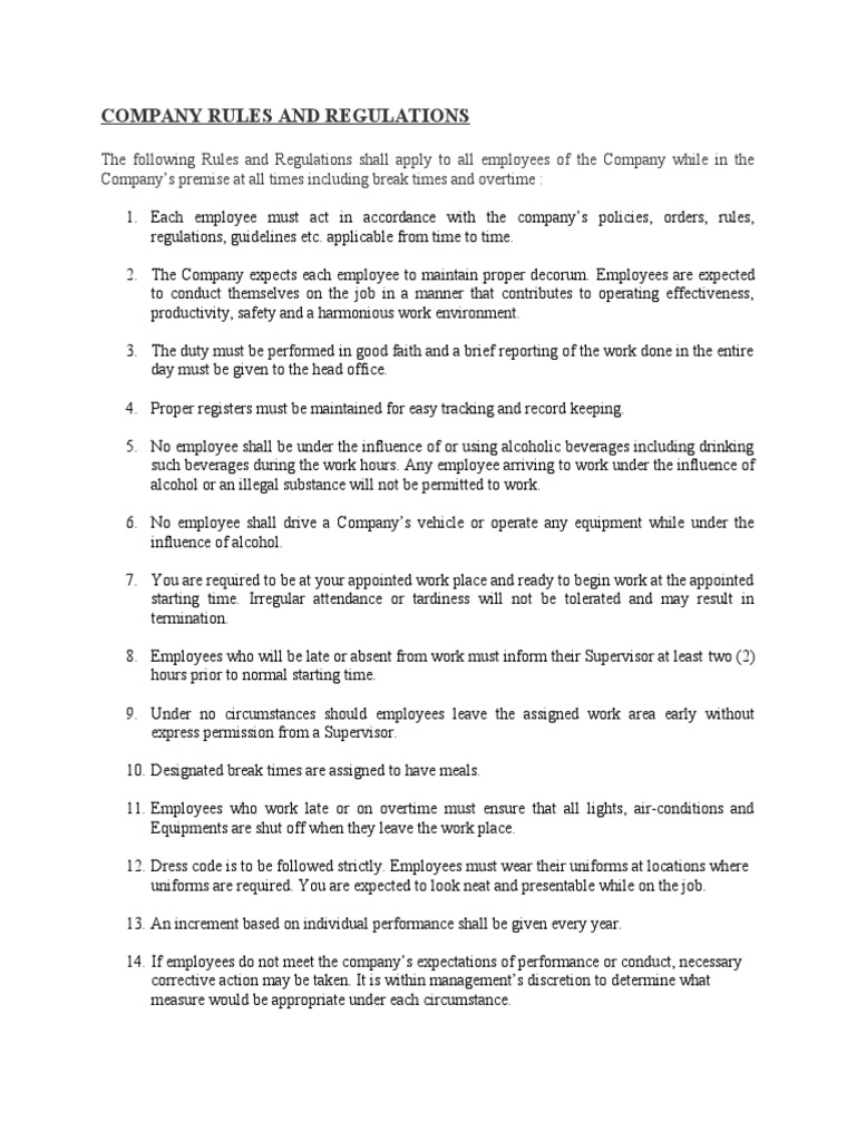Rules Regulations For The Employees | PDF | Finance & Money Management