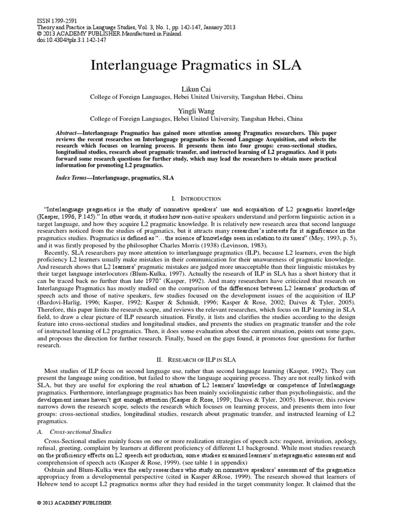 Interlanguage Pragmatics In Sla Pdf Second Language Acquisition 0392