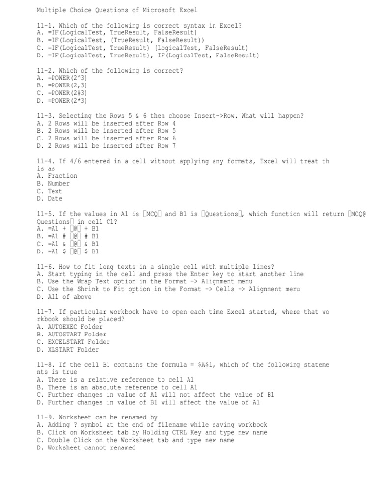 MCQ of Microsoft Excel | PDF | Microsoft Excel | Spreadsheet