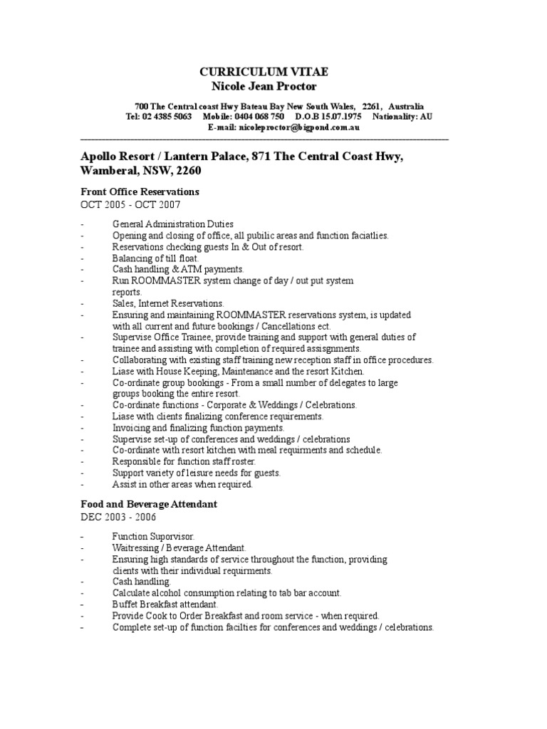 Curriculum Vitae Nicole Jean Proctor: Front Office Reservations | PDF ...