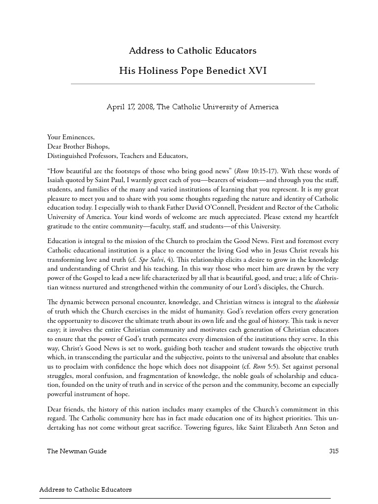 Appendix - Address of Pope Benedict To Catholic Educators | PDF ...