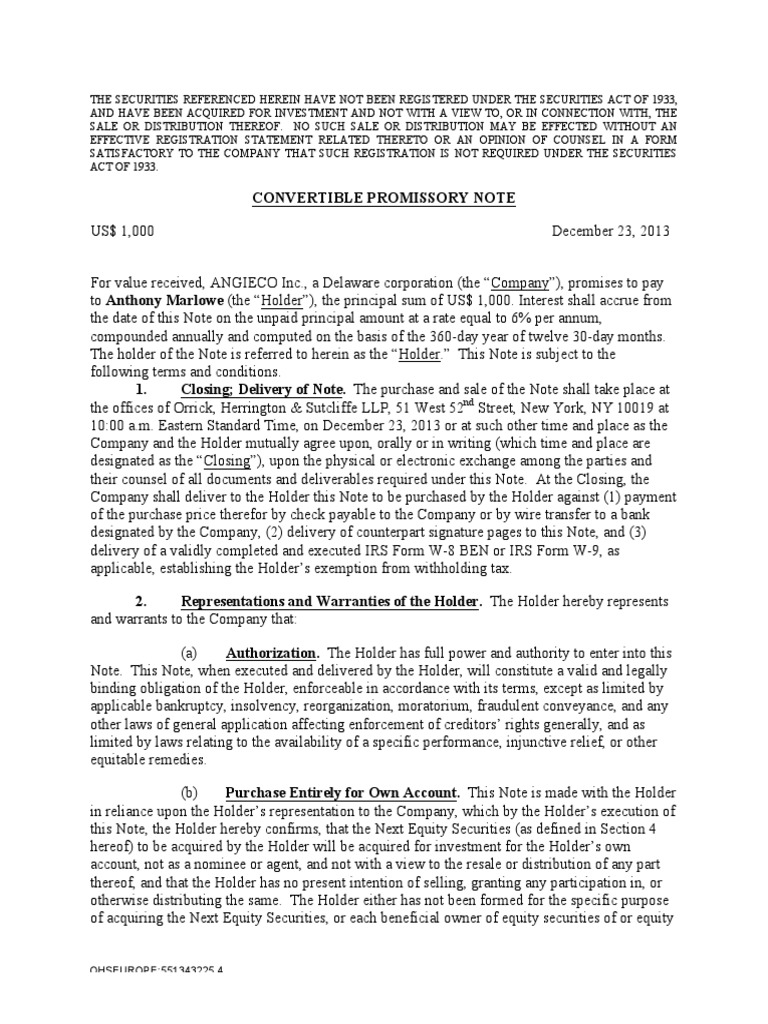 Convertible Promissory Note Agreement | PDF | Securities Act Of 1933 | Securities (Finance)