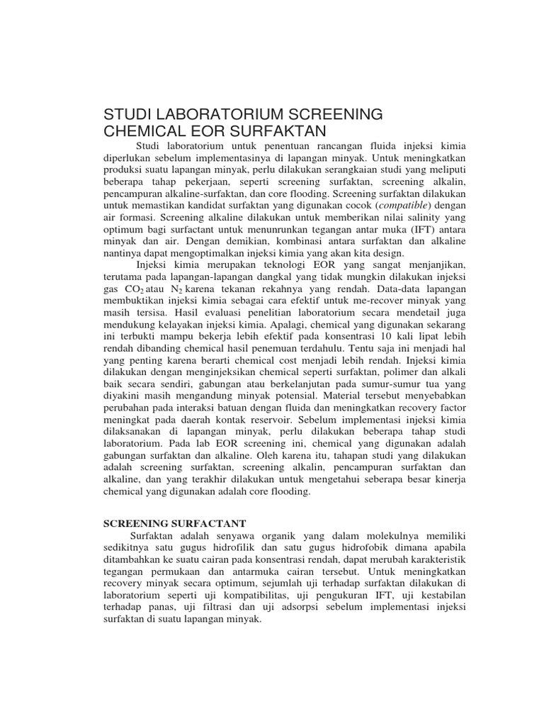 Studi Laboratorium Screening Chemical Eor Surfaktan | PDF