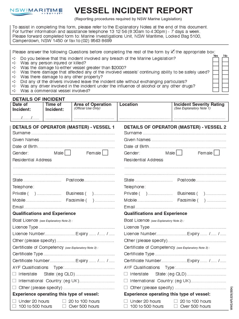 Maritime Vessel Incident Report Form | Sea Captain | Marine Propulsion