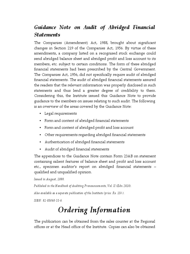 Ordering Information: Guidance Note On Audit of Abridged Financial ...