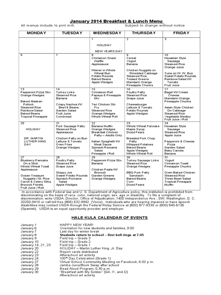 January Breakfast & Lunch Menu | PDF | Meal | Food And Drink