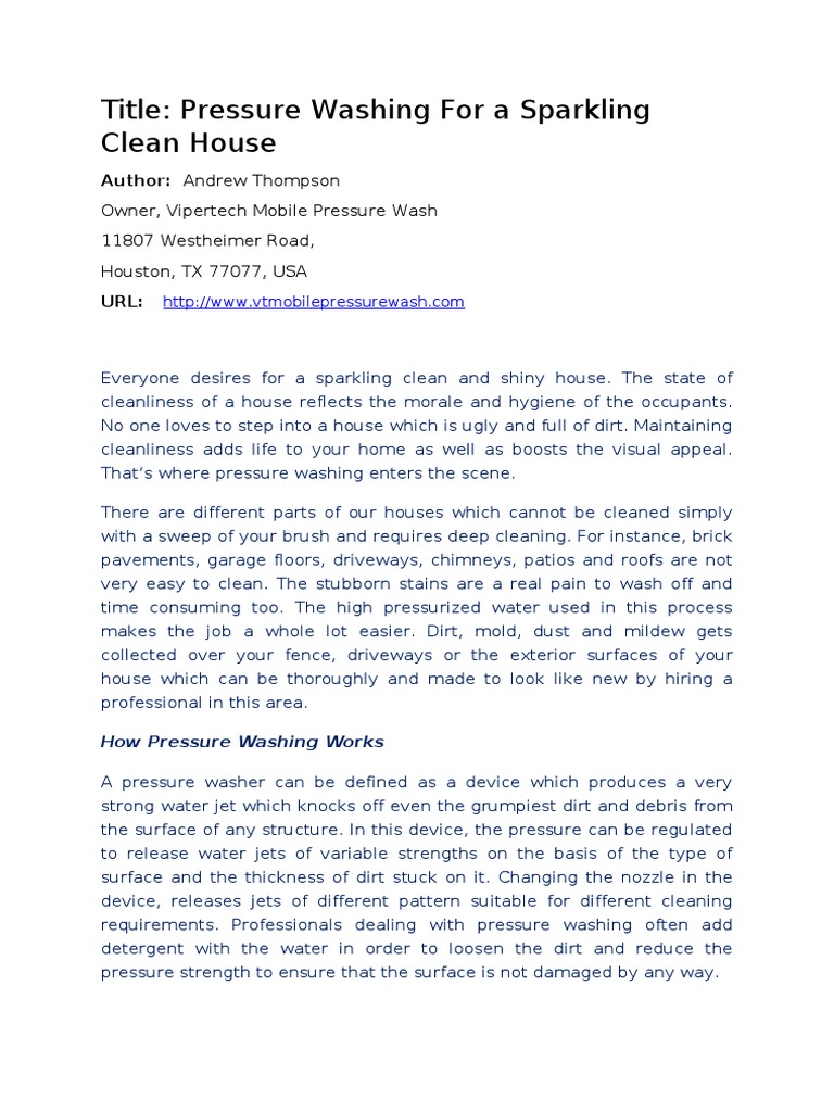 Pressure Washing For A Sparkling Clean House | PDF | Washing Machine ...