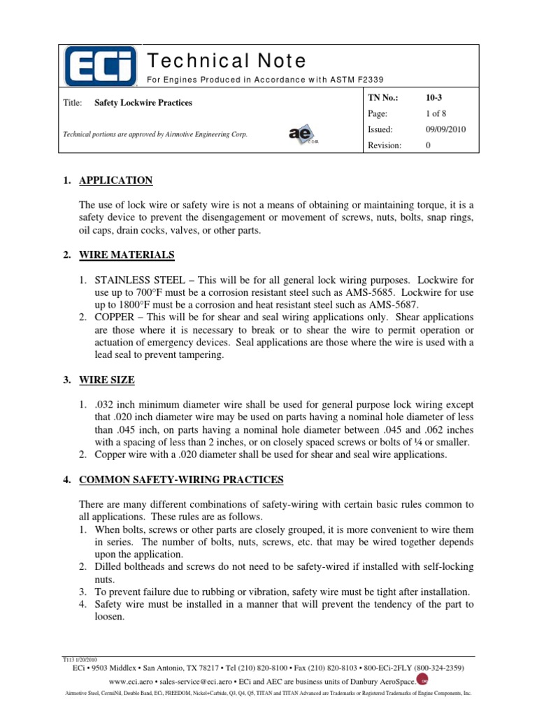 ECI Technical Note - Safety Lockwire Practices | PDF | Screw ...