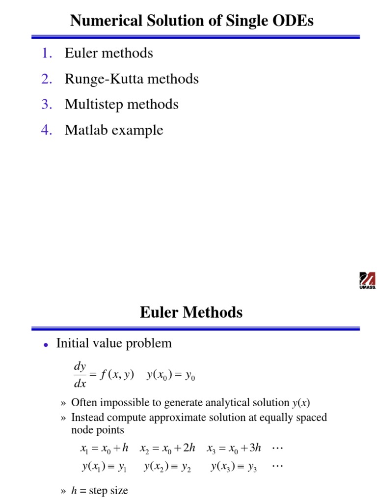 Numerical Solution Of Single Odes Euler Methods Runge Kutta Methods Multistep Methods Matlab