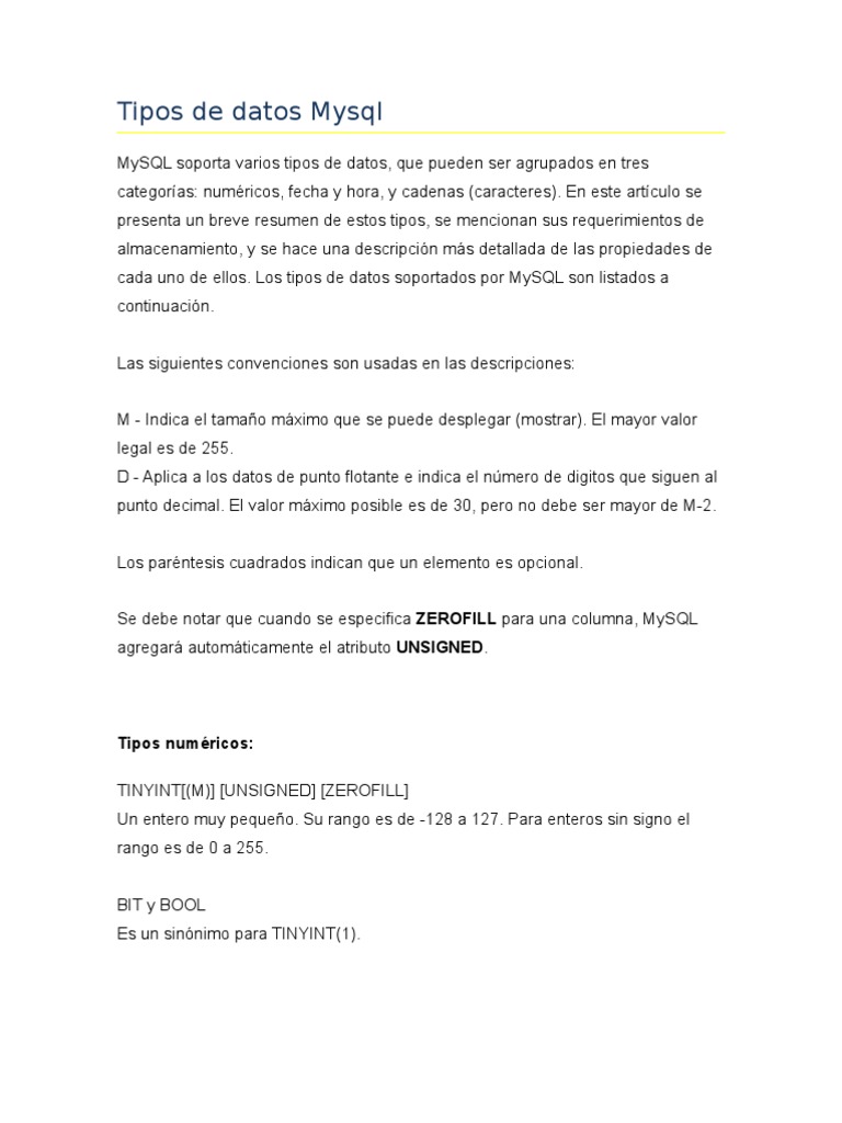 Tipos de Datos Mysql | Descargar gratis PDF | Byte | Tipo de datos