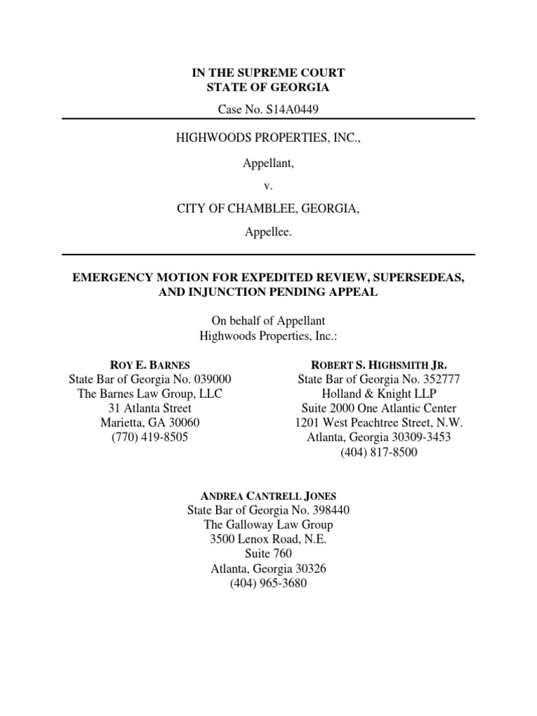 Highwoods Properties v. City of Brookhaven EMERGENCY MOTION FOR ...