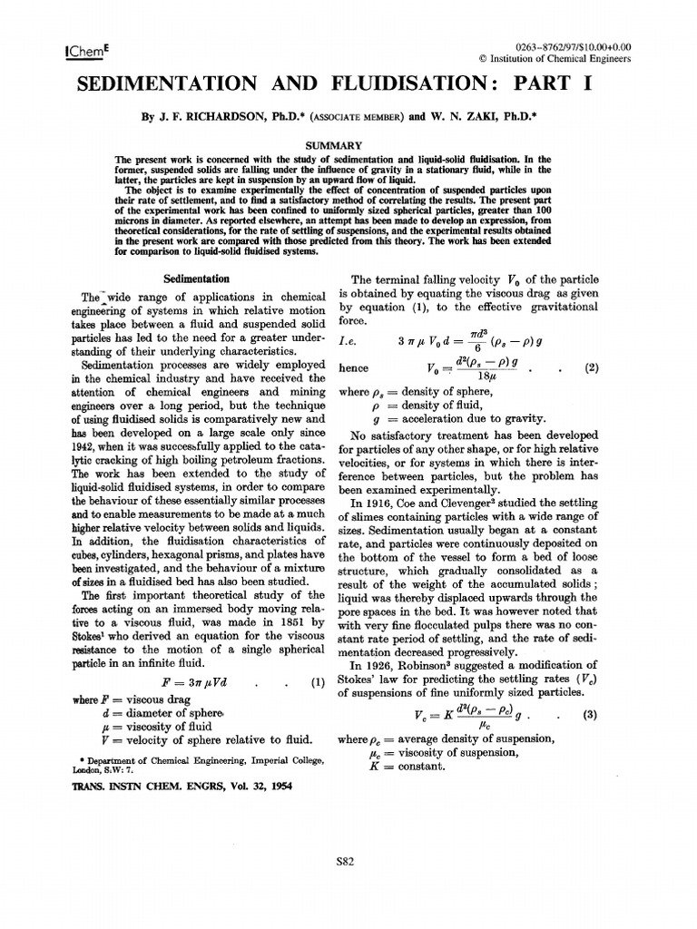 Richardson Zaki Sedimentation and Fluidisation Part I PDF | PDF | Viscosity | Drag (Physics)