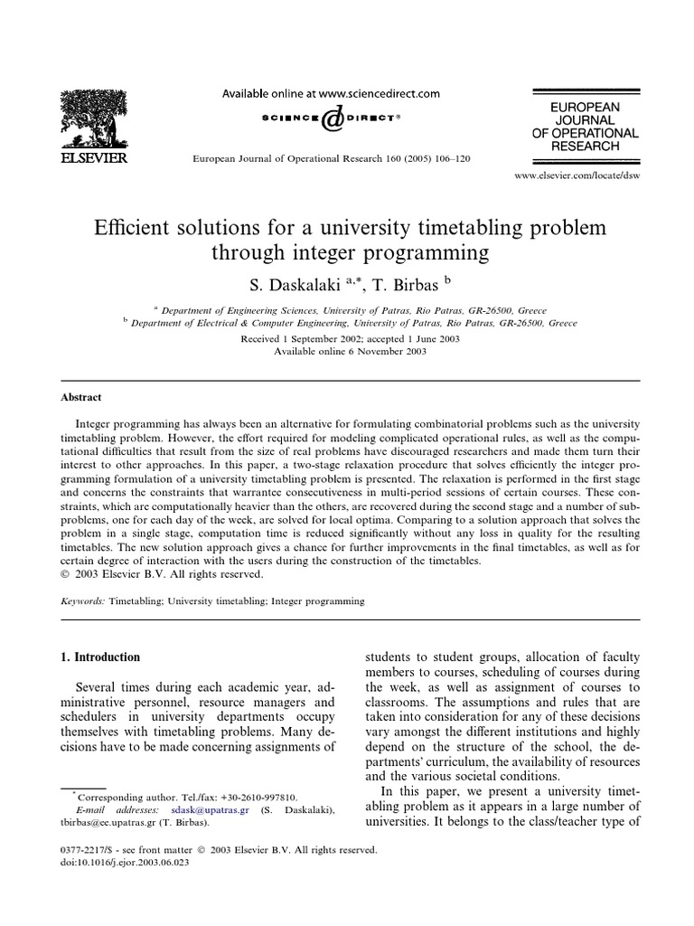 E Cient Solutions For A University Timetabling Problem Through Integer Programming | PDF ...