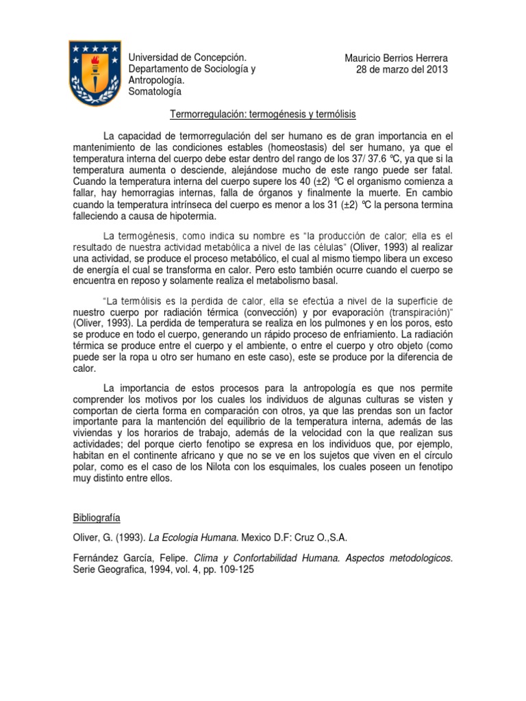 (Cuartilla 2) Termorregulación Termogénesis y Termólisis | PDF ...