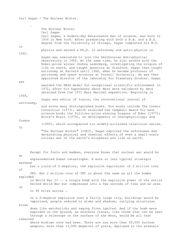 Carl Sagan - The Nuclear Winter | PDF | Nuclear Weapons | Nuclear Warfare