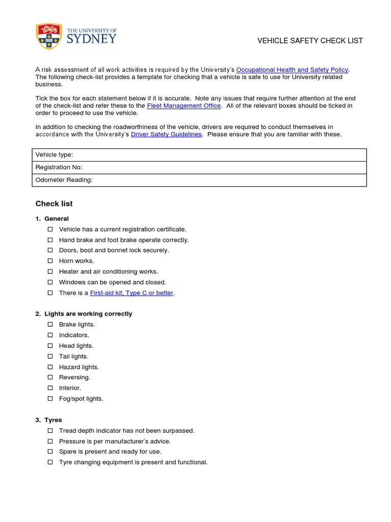 University Vehicle Safety Checklist | PDF