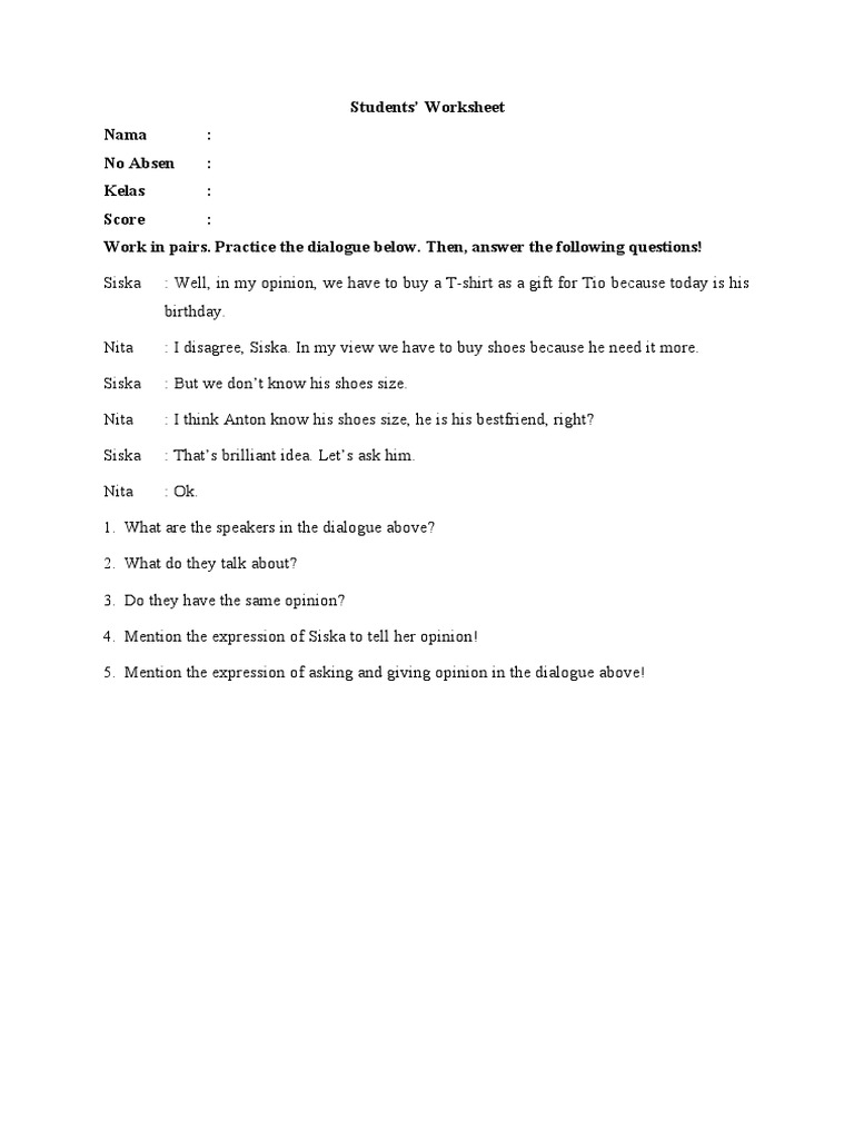 Students Worksheet | PDF