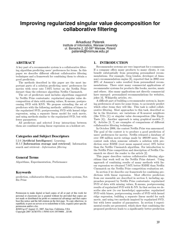 Improving Regularized Singular Value Decomposition For Collaborative Filtering Pdf