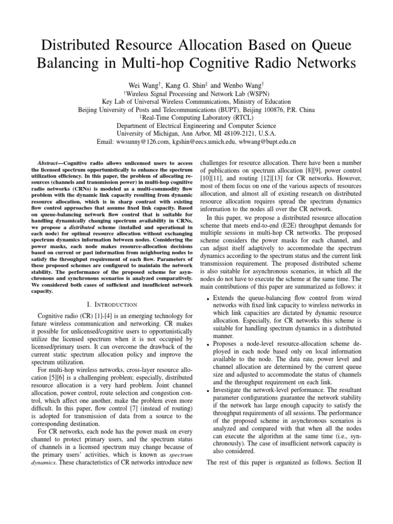 Distributed Resource Allocation Based On Queue Balancing in Multi-Hop Cognitive Radio Networks ...
