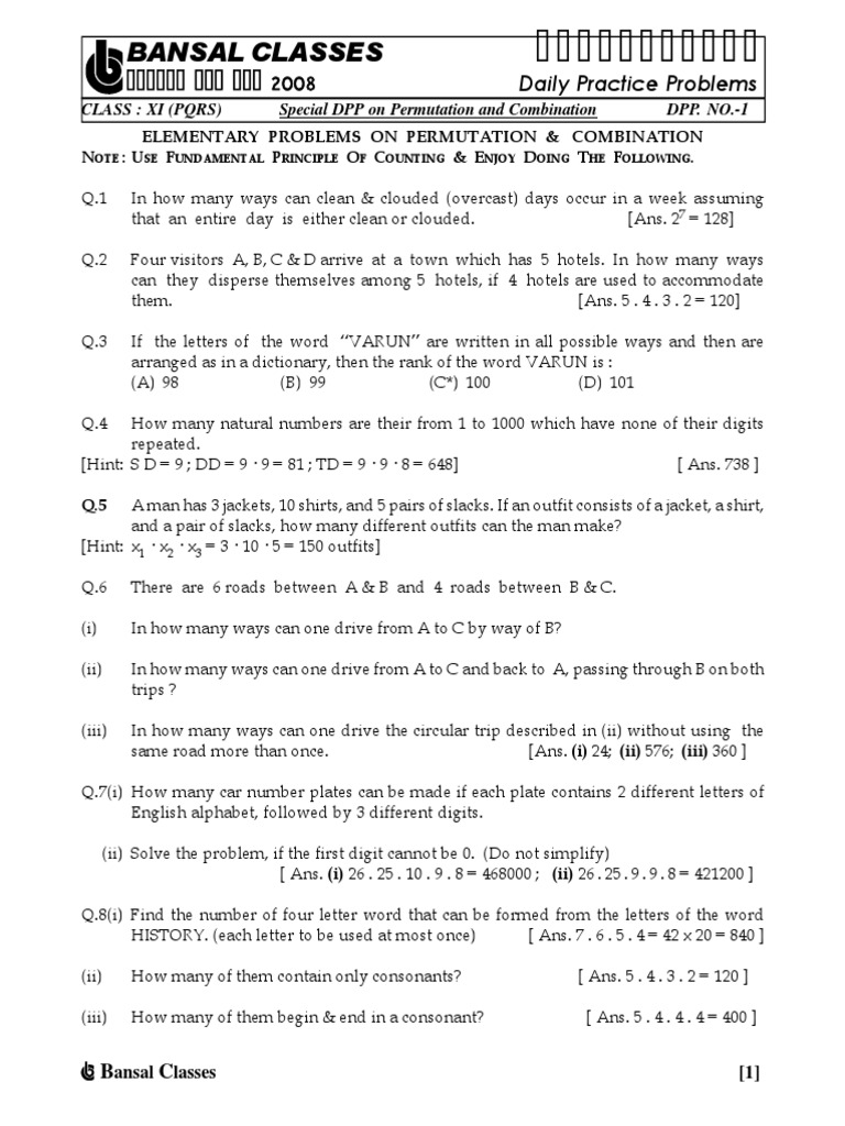 Special DPP on Permutation & Combination | PDF | Teaching Mathematics | Science