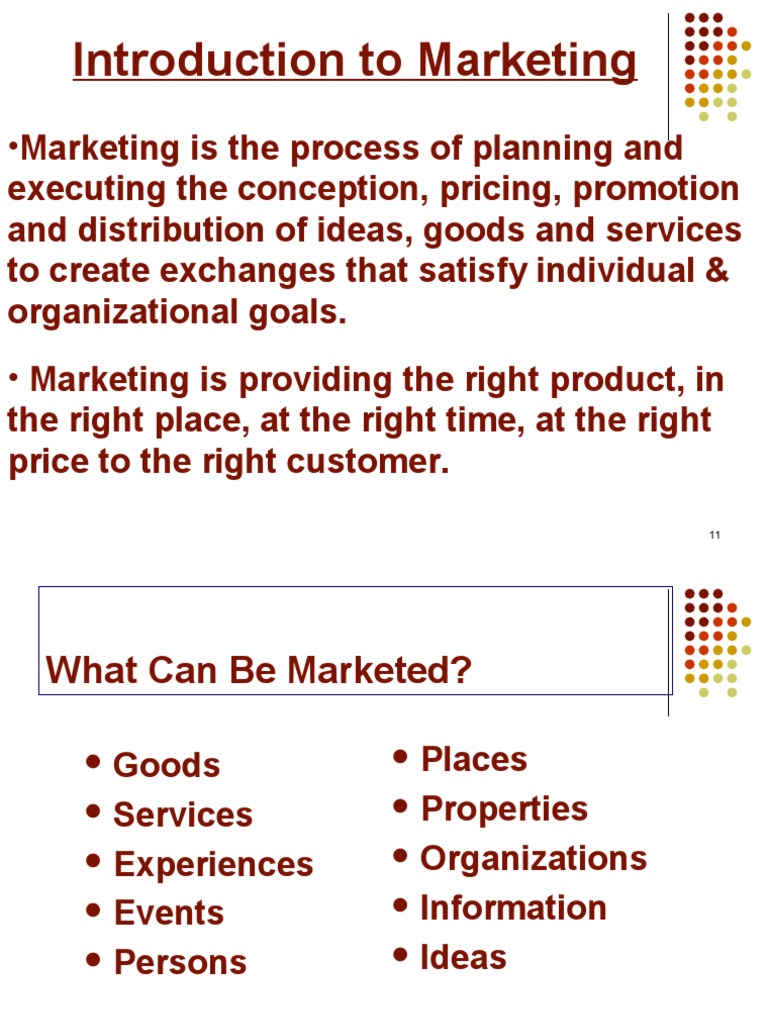 Introduction To Marketing: - Marketing Is The Process of Planning and ...