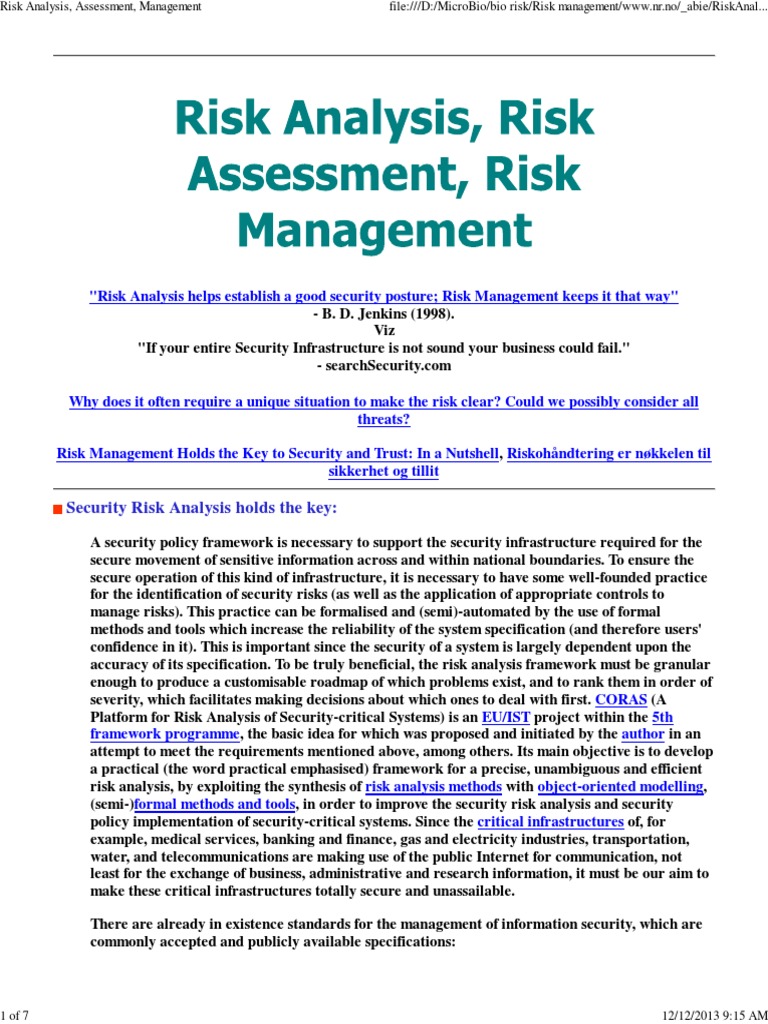 Risk Analysis, Assessment, Management | PDF | Risk Management ...