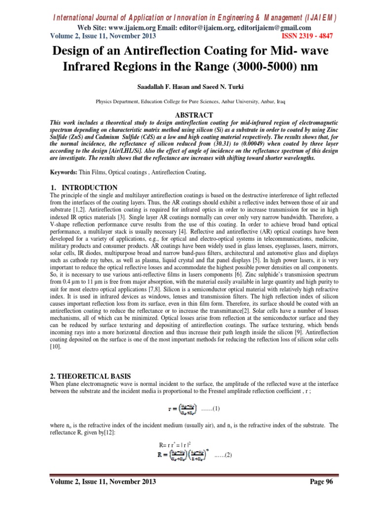 Design of An Antireflection Coating For Mid-Wave Infrared Regions in ...