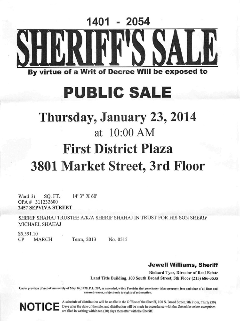 Philadelphia Sheriff Sale: 2457 Sepviva St | PDF | Philadelphia | Urban