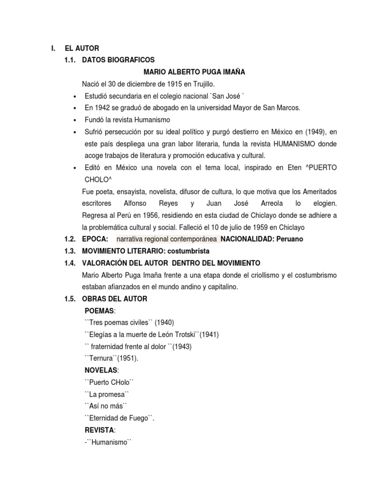 Mario Puga Imaña y "Puerto Cholo" | PDF | Novelas | Perú