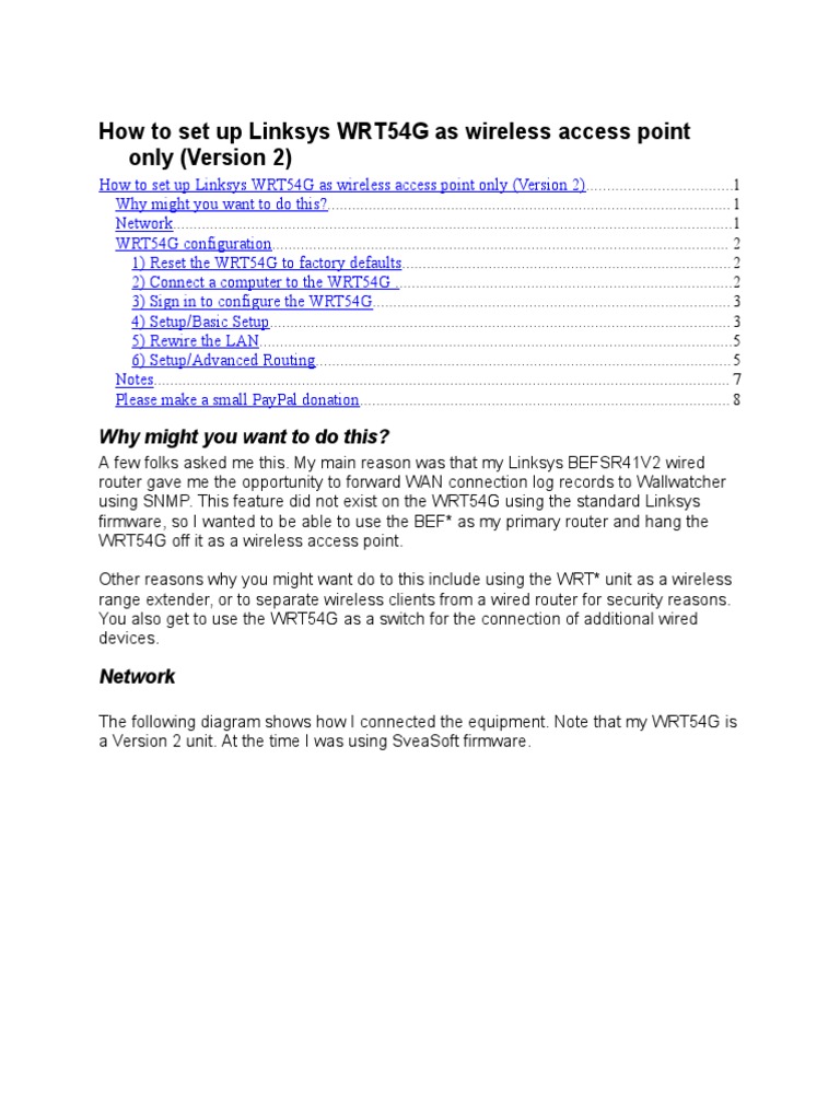 How To Set Up Wrt54g.ap.v2 | PDF | Router (Computing) | Hypertext ...
