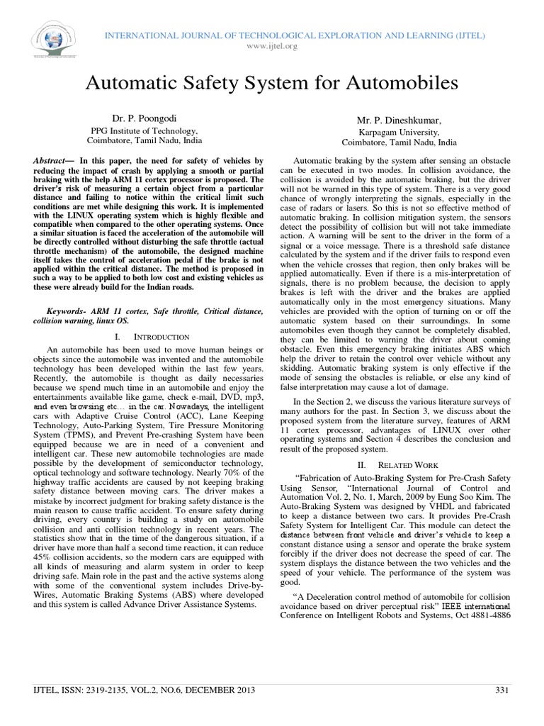 Automatic Safety System For Automobiles | PDF | Driving | Accident ...