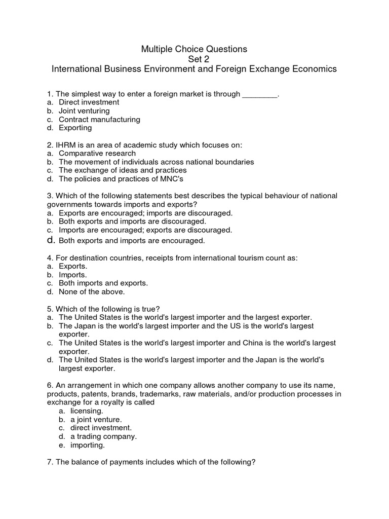 Multiple Choice Questions on Key Concepts in International Business ...