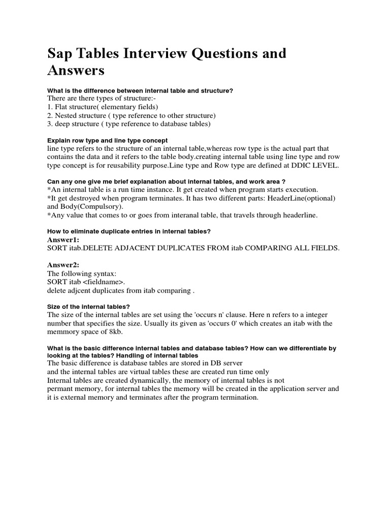 Sap Tables Interview Questions | PDF
