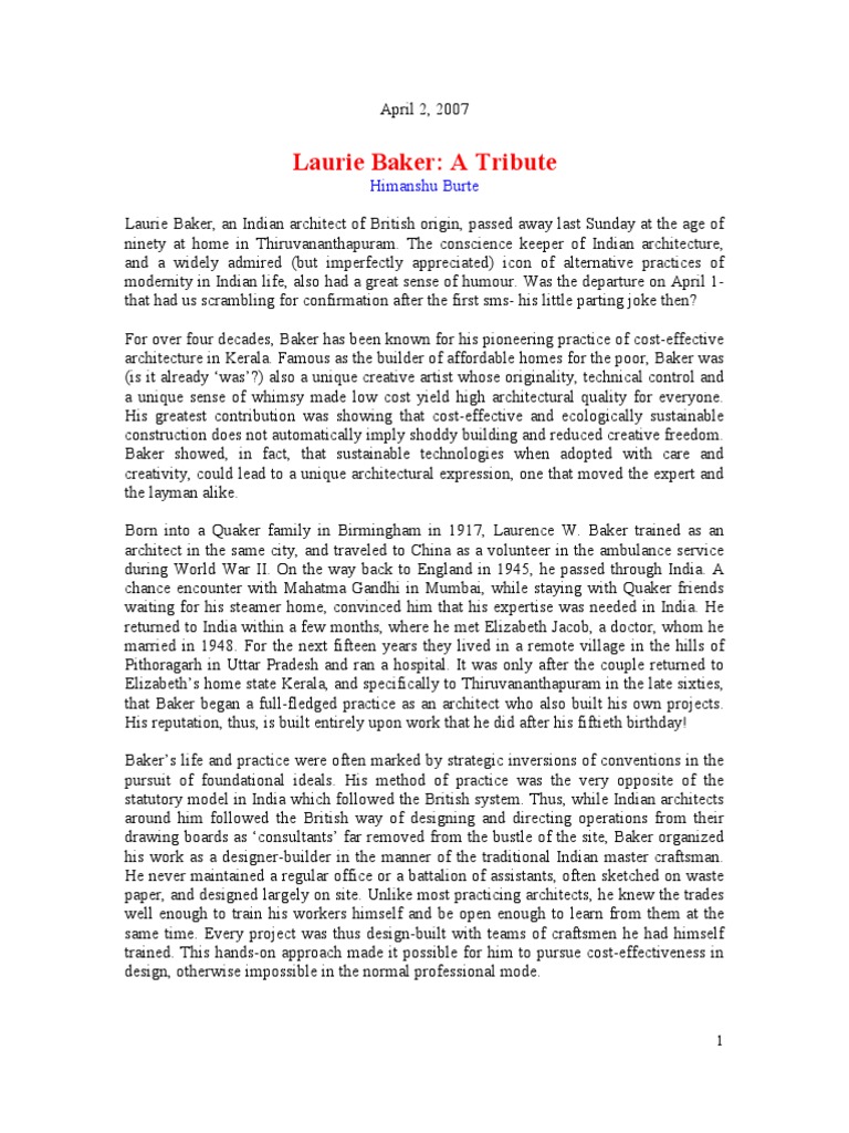 Laurie Baker: A Tribute: Himanshu Burte | PDF