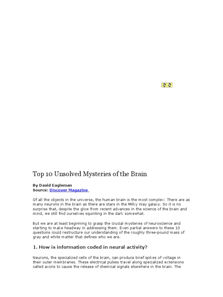 Top 10 Unsolved Mysteries of The Brain | PDF | Brain | Neuron