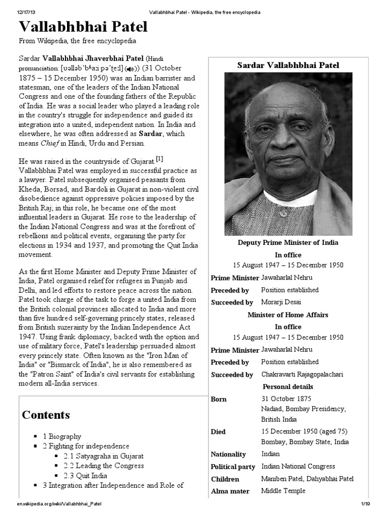 Vallabhbhai Patel - Wikipedia, The Free Encyclopedia | PDF | Partition ...