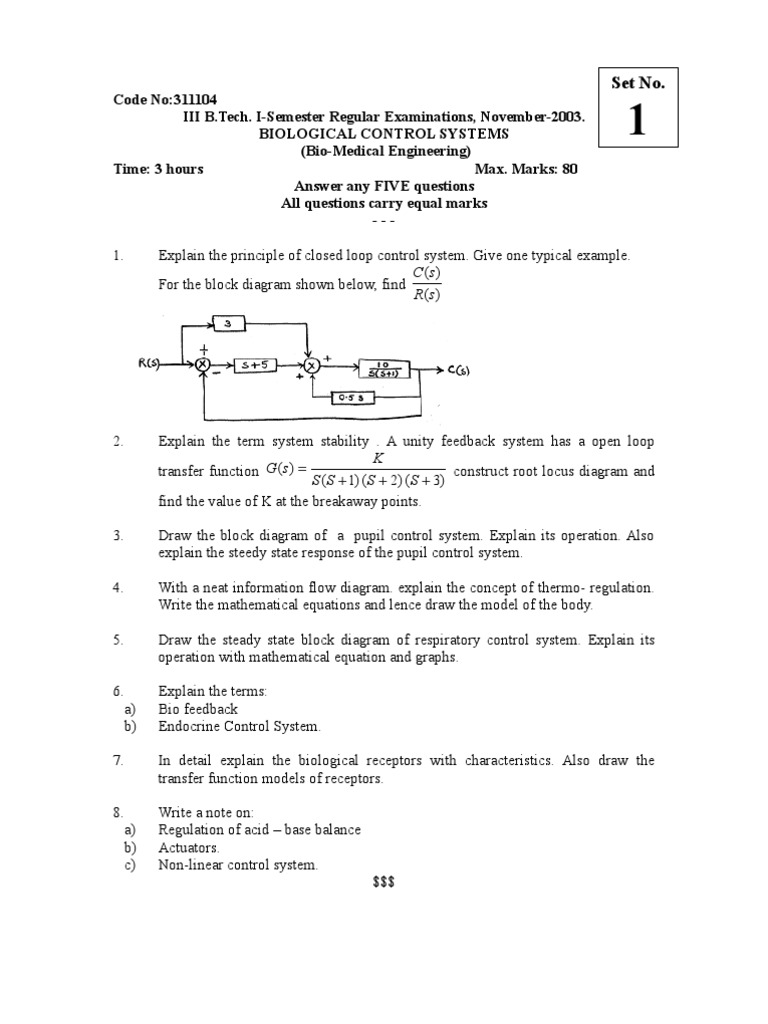 Nr-311104 Biological Control Systems | PDF | Control Theory | System