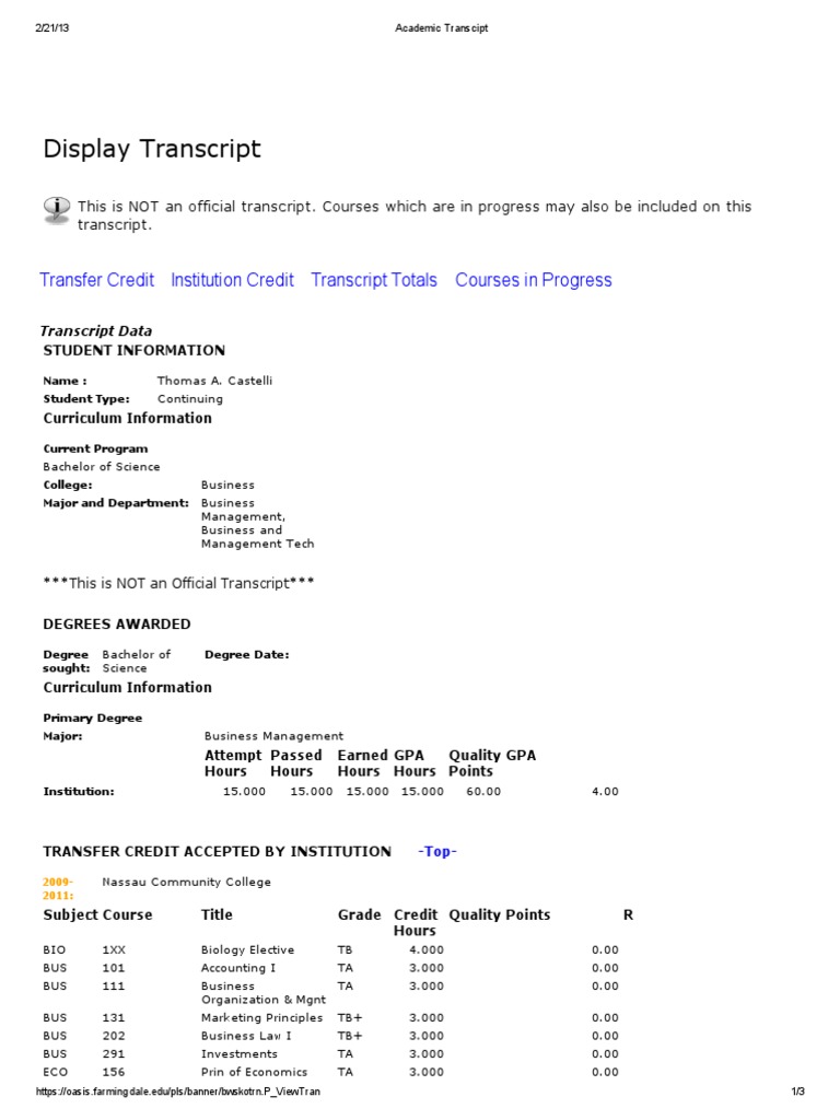 Academic Transcipt | PDF | Course Credit | Science