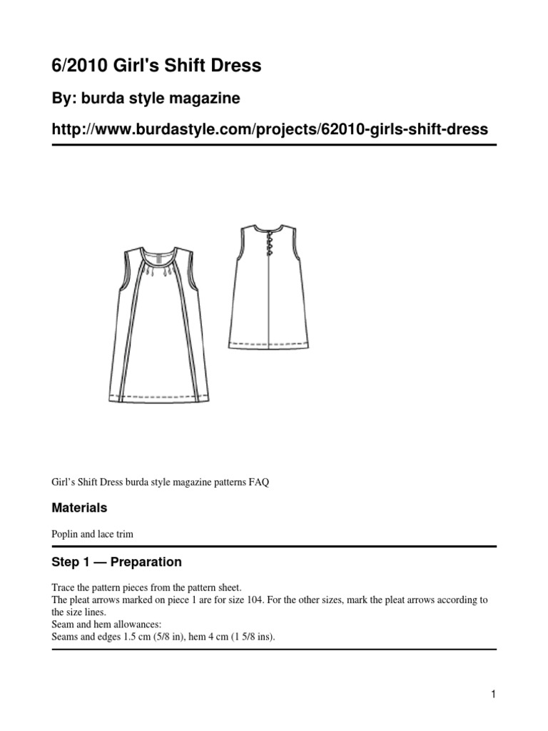 Girl's Shift Dress Pattern from Burda Style Magazine | PDF | Seam ...