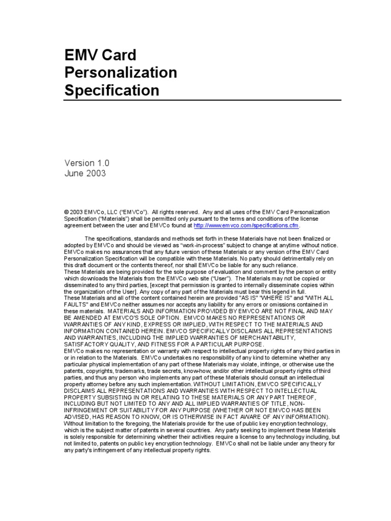 EMV Card Personalization Specification (1.0 Final 16 June 03) | PDF