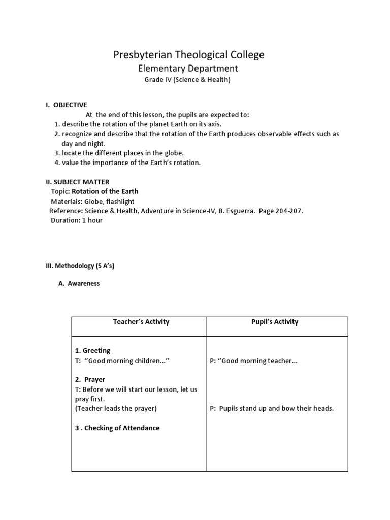 5 A's Lesson Plan | PDF | Rotation | Earth