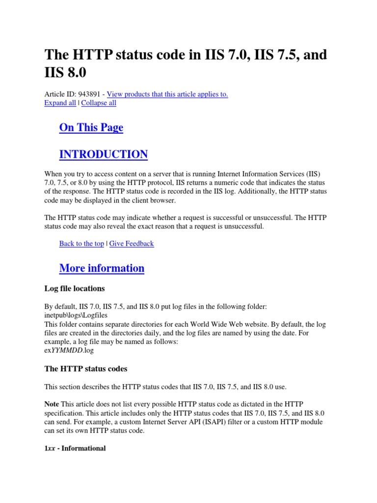 IIS 7.0-8.0 HTTP Status Codes Guide | PDF | Hypertext Transfer Protocol ...