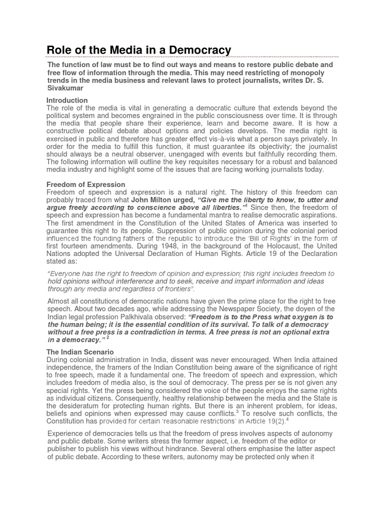 Role of The Media in A Democracy | PDF | Freedom Of The Press | Freedom ...
