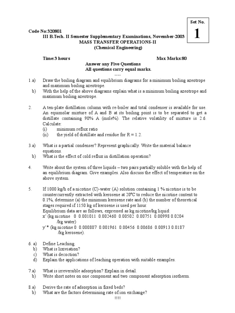 Mass Transfer Operations II Exam Guide | PDF | Distillation | Adsorption