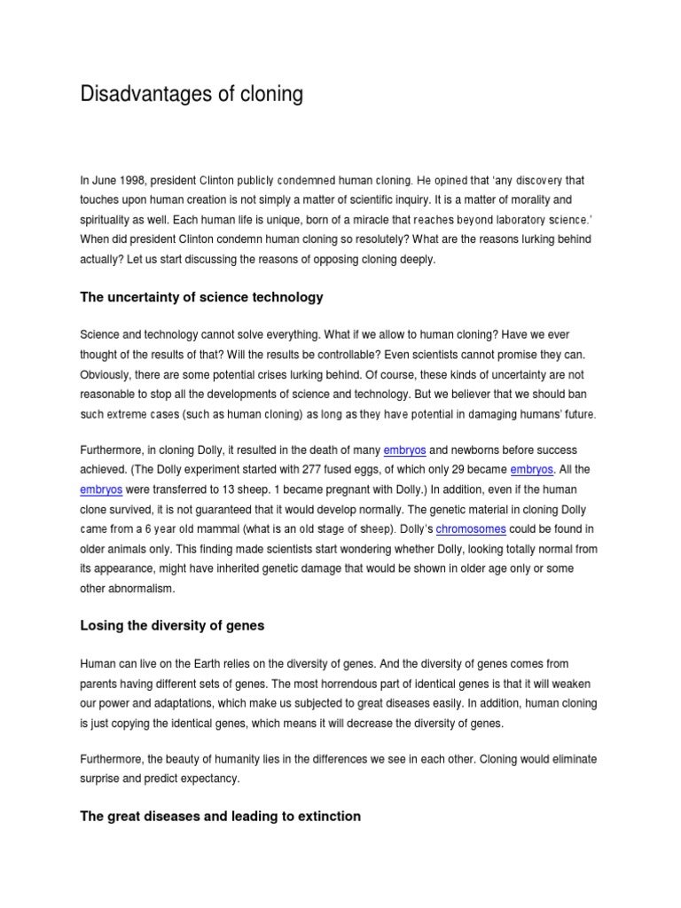 Disadvantages of Cloning | PDF | Cloning | Biodiversity