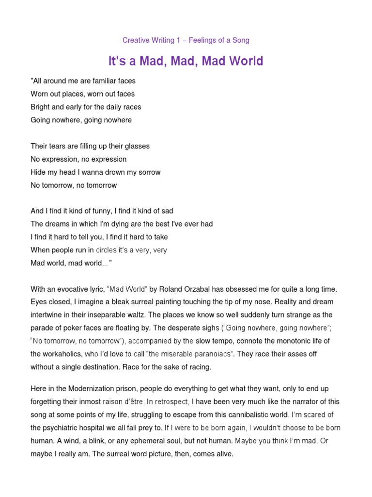 It's A Mad, Mad, Mad World: Creative Writing 1 - Feelings of A Song ...