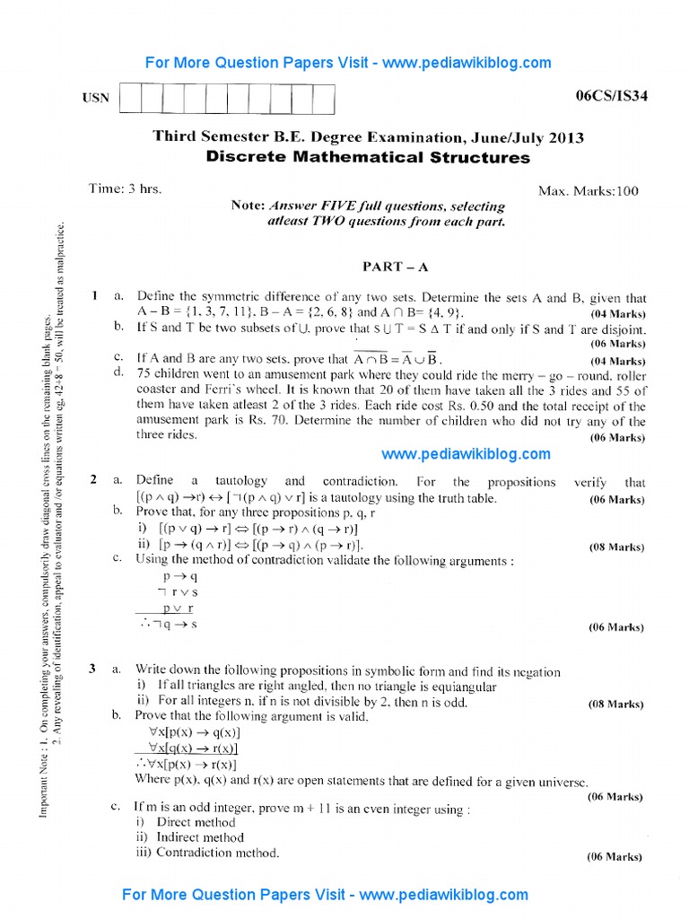 Discrete Mathematical Structures July 2013 | PDF | Ring (Mathematics ...