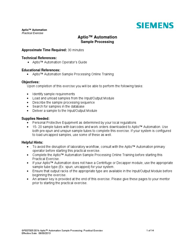 Aptio SampleProcessing PracticalExercise | PDF | Automation | Robot